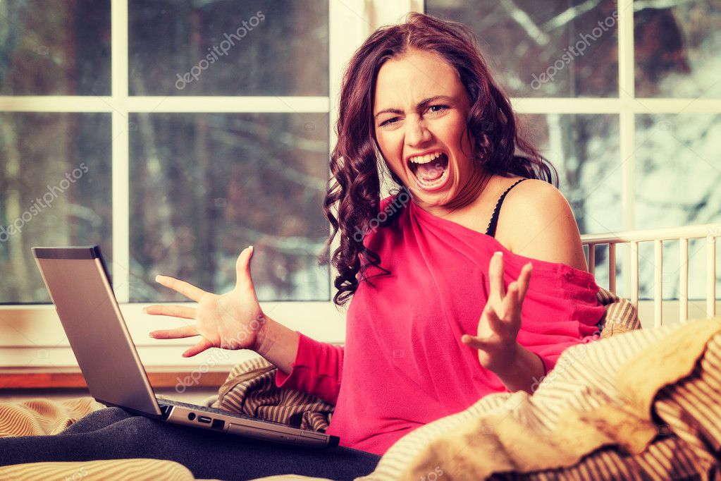 Girl screaming mad while working with the computer Stock Photo by ...
