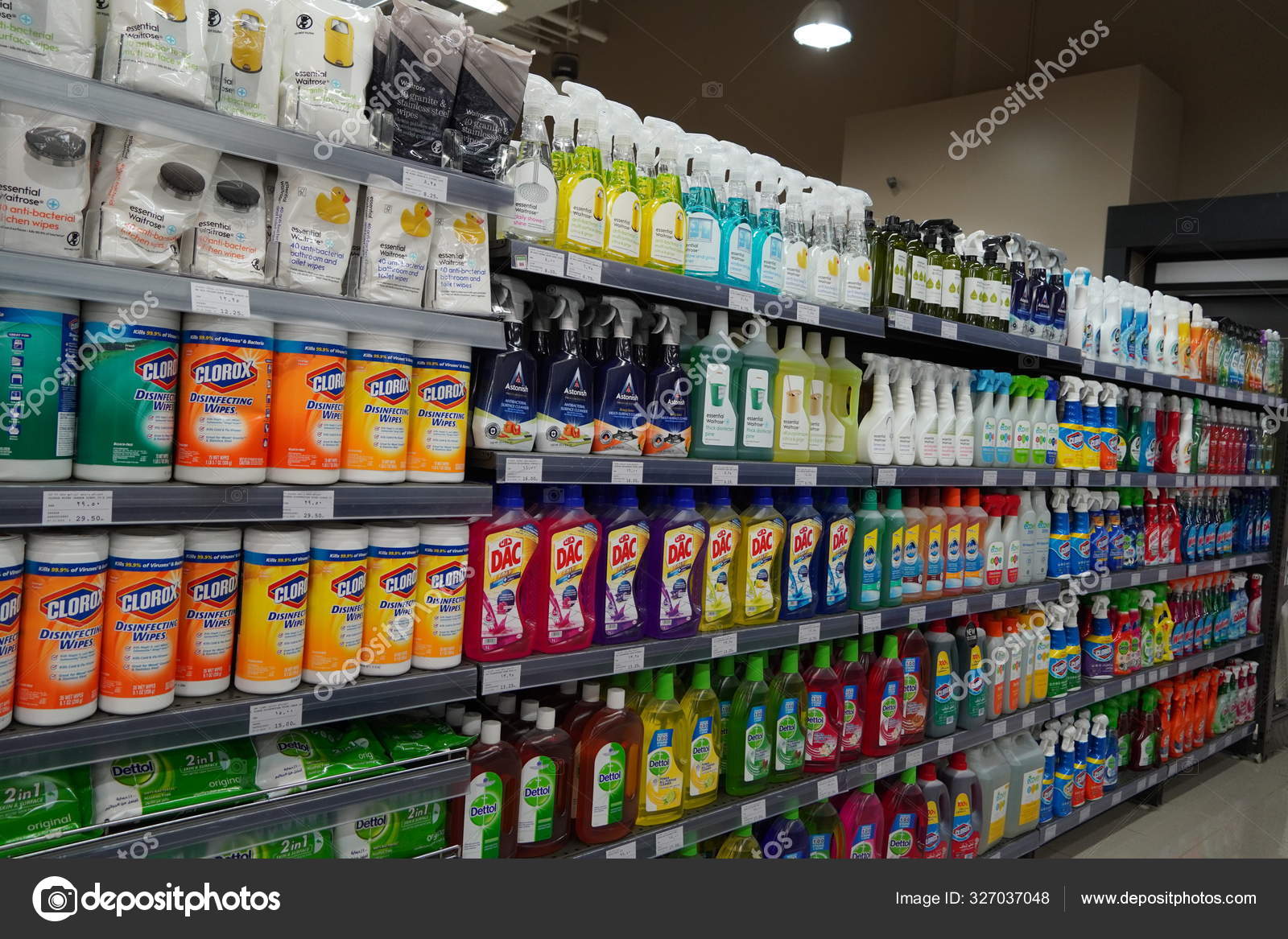 Cleaning Supplies, Sprays, Liquids Cleaning Detergents For Sale On Supermarket Stand. Bottles ...