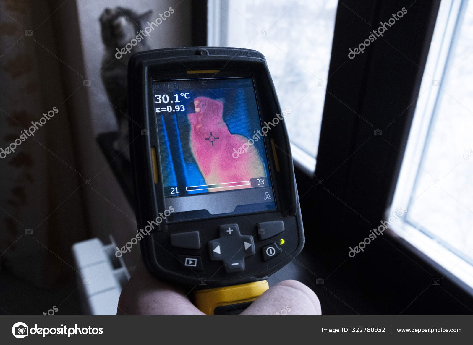 Infrared thermovision image of the cat sitting on the windowsill ...