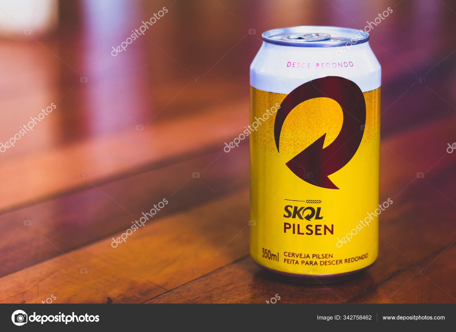 January 10, 2020, Brazil. Skol Pilsen beer can on wooden background ...