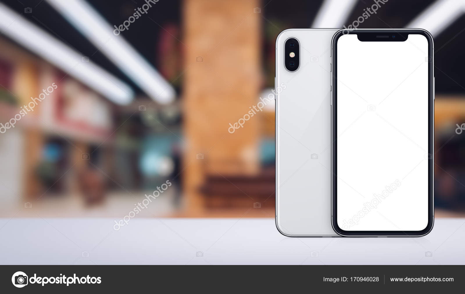 Smartphone similar to iPhone X mockup front and back sides on the desk ...