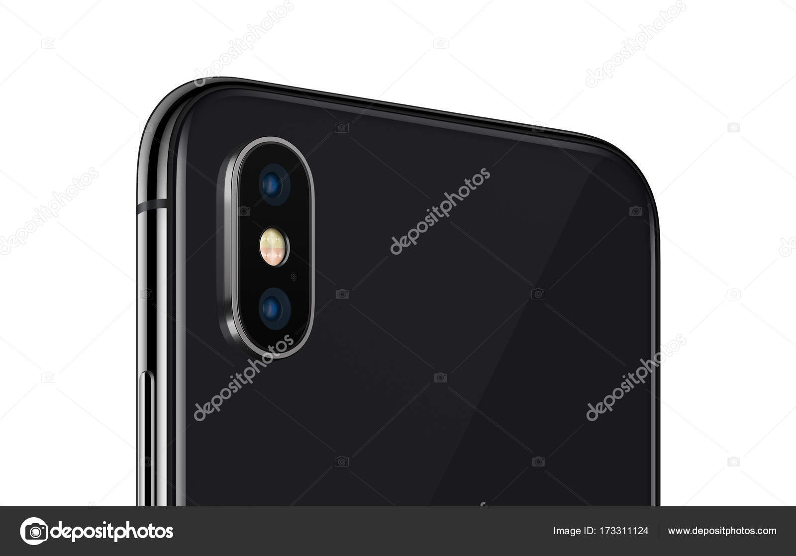 Black rotated smartphone similar to iPhone X back side close up with ...