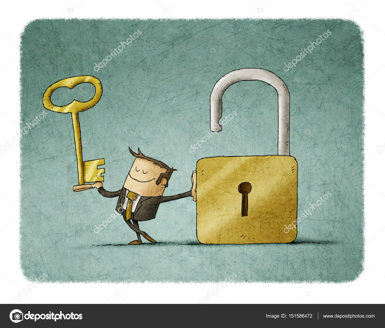 Businessman with a key in a hand and an opend padlock. It is a metaphor ...