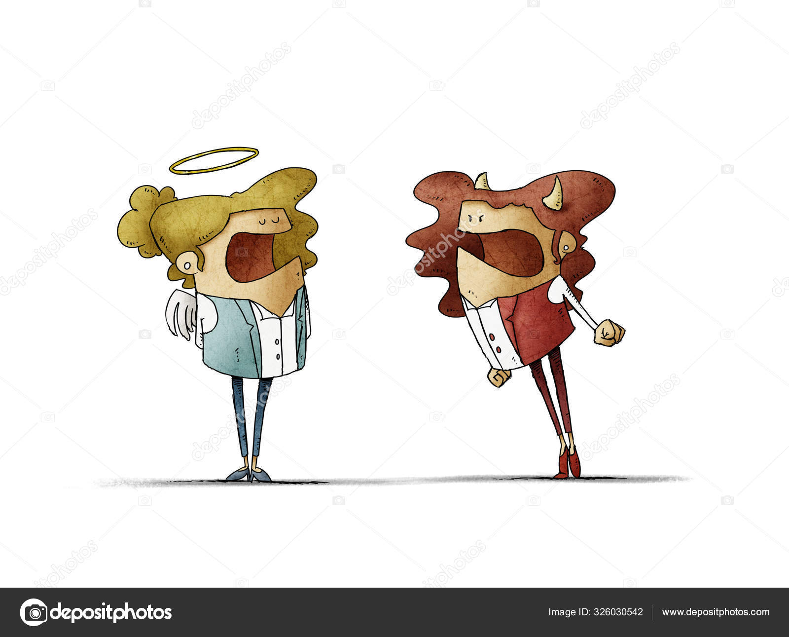 Female gender angel and devil are arguing. The devil is angry and the ...