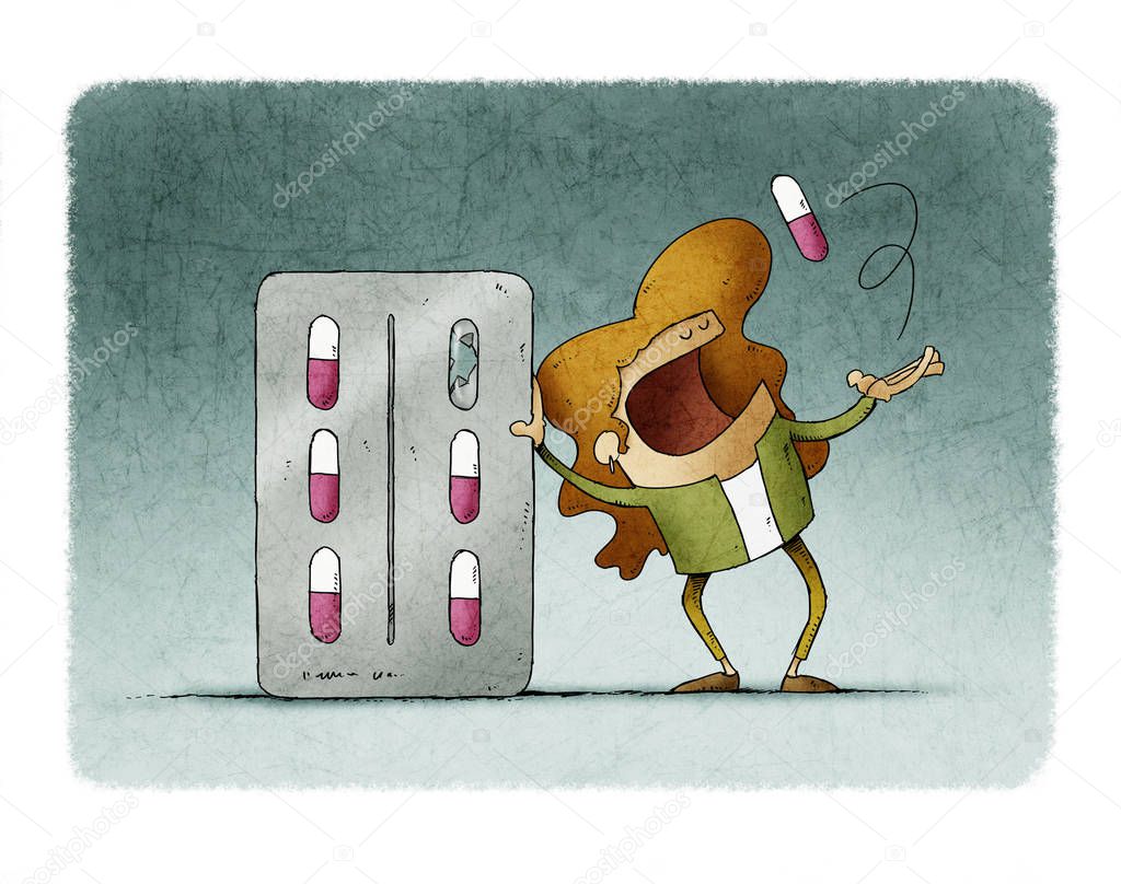 Mujer apoyada en una ampolla de píldora lanza uno en el aire y abre la ...