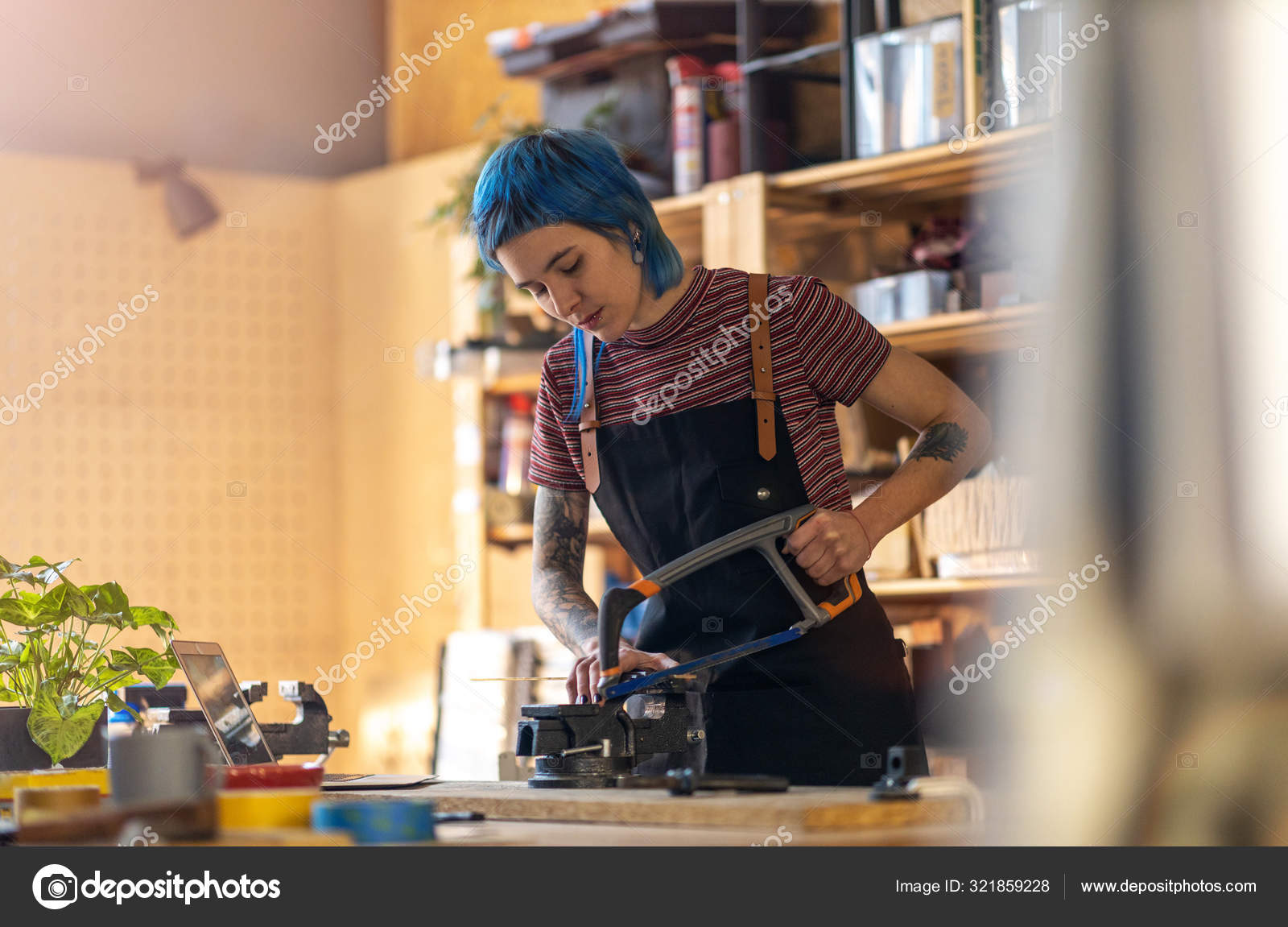 Woman Cutting Block Wood Using Hand Saw Her Workshop Stock Photo by ...