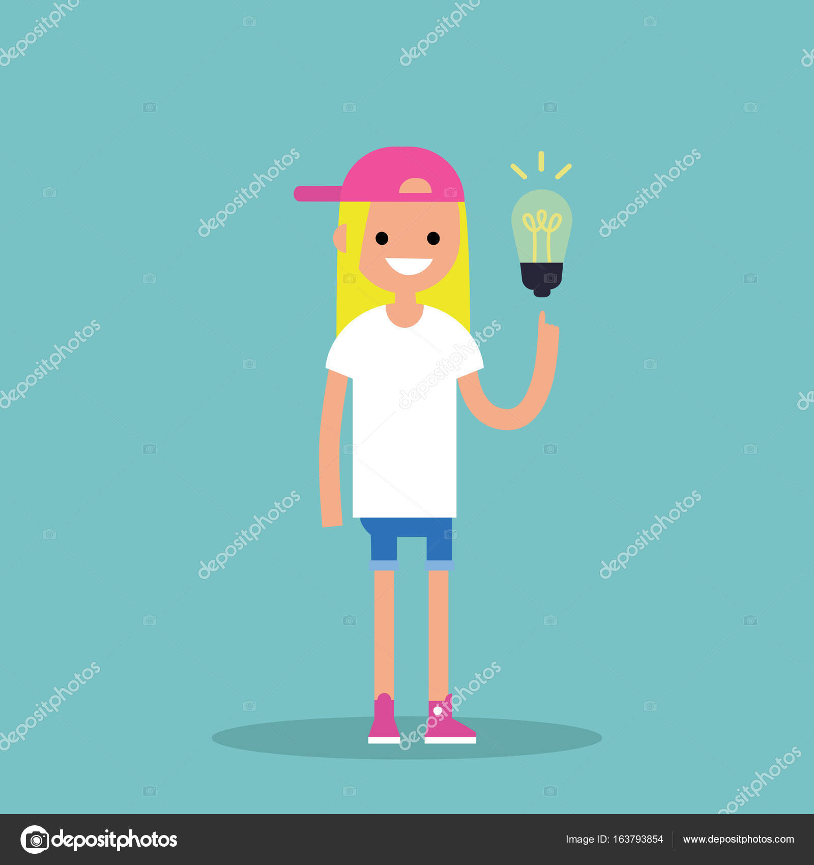 Idea Concept Aha Moment Young Smiling Blonde Girl Is Pointing — Stock Vector © Nadiabormotova