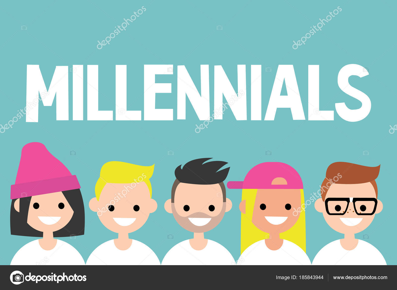 Illustrated sign. Group of smiling millennials / Flat vector cli Stock ...