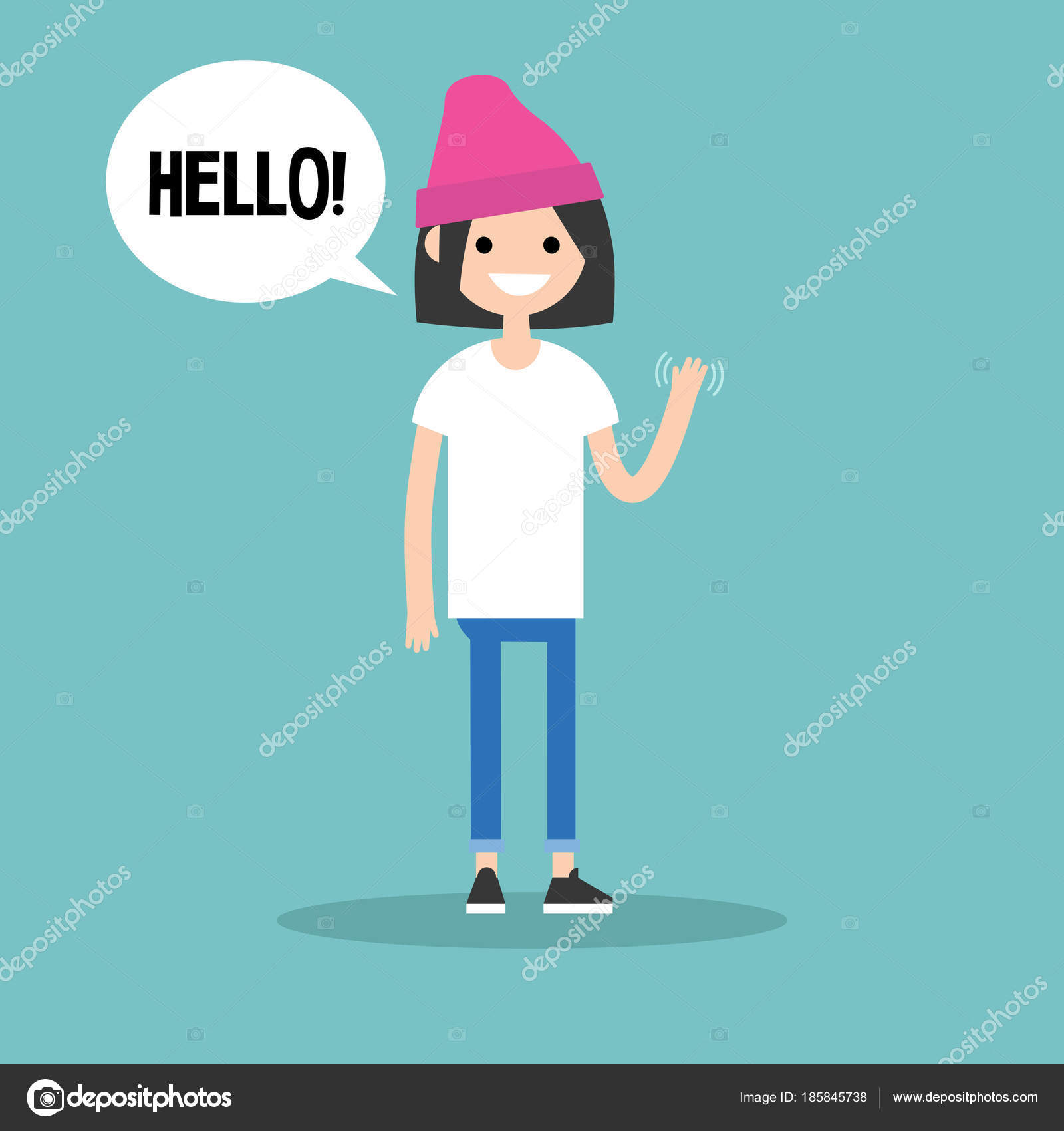 Chica morena amigable diciendo "Hola" y saludando con la mano ...