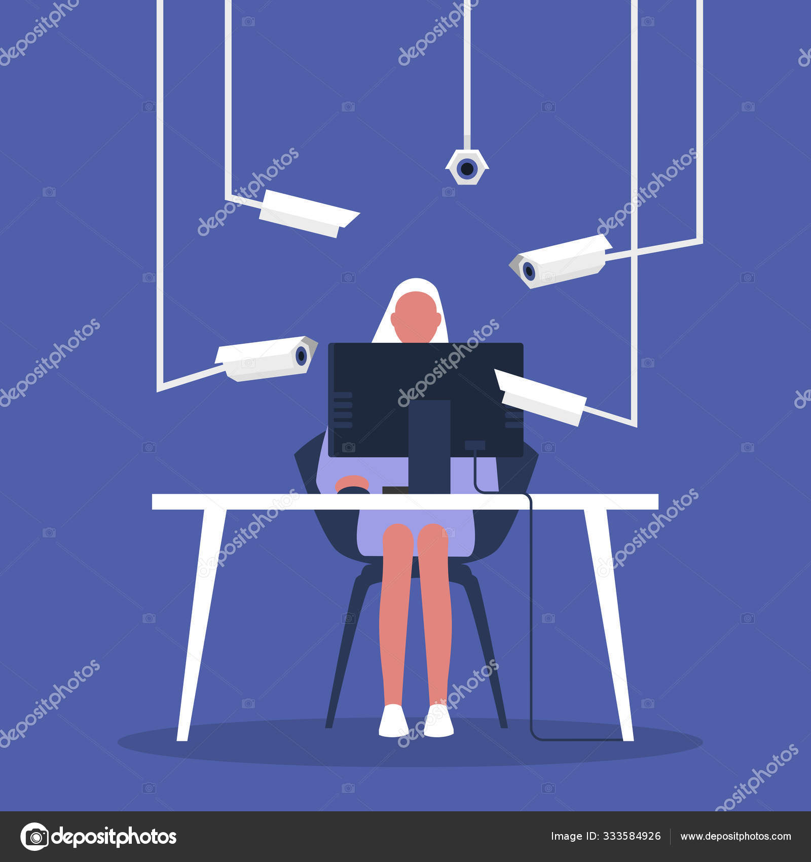Surveillance, Young female character surrounded by CCTV cameras, Spying ...