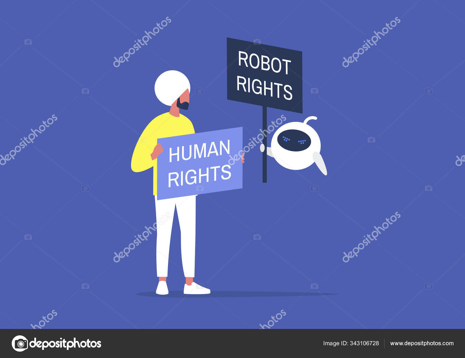 Human vs Robot rights, Cartoon characters holding protest signs, Stock ...