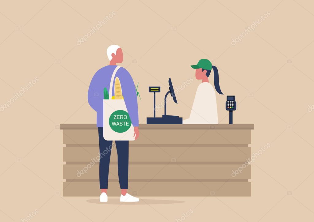 La vida diaria, un cajero y un cliente comprando comestibles en el ...