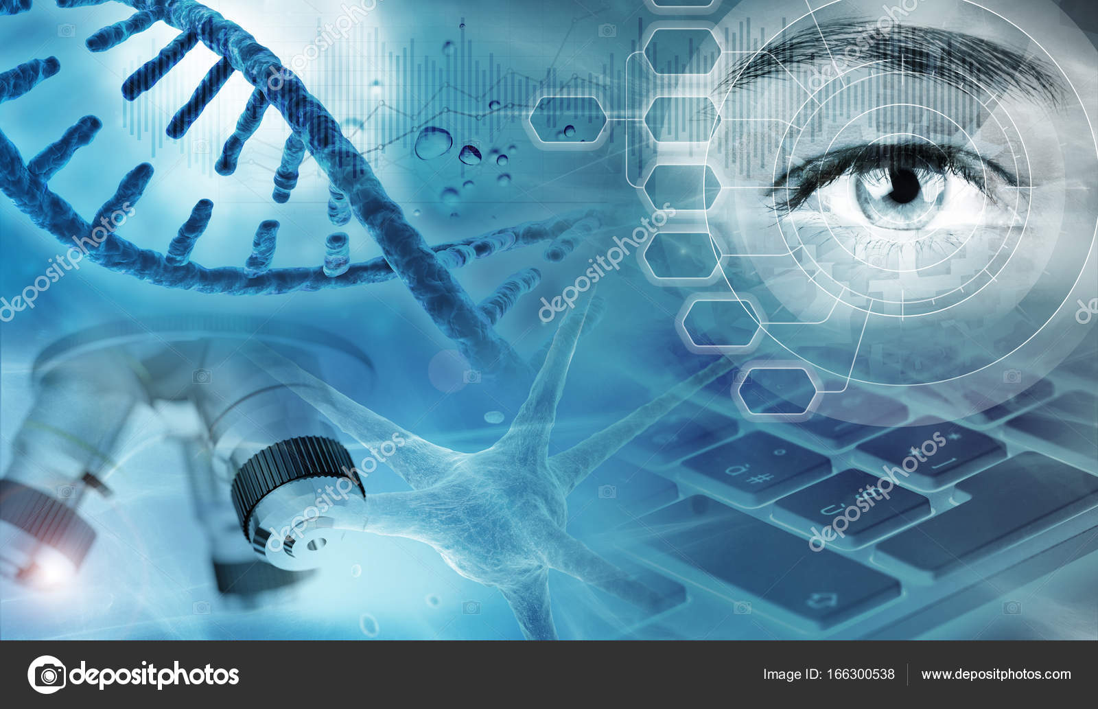 Dna, microscope, nerve cell and eye in blue background, 3d illustration ...