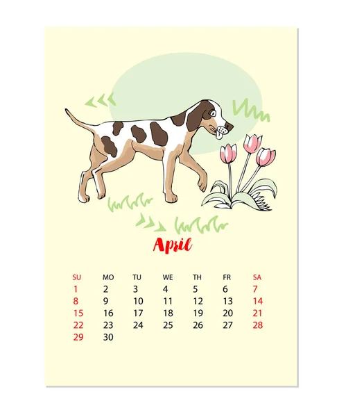 April Calendar 2019 with Funny Beagle Dog Sketch. Hand drawn animals ...