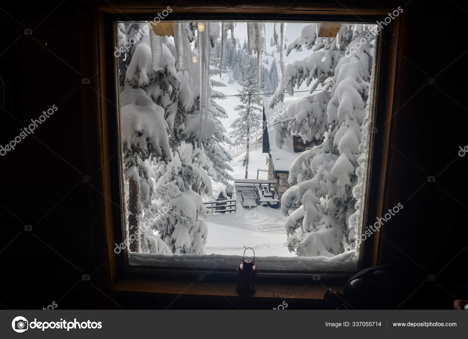 Window View Beautiful Winter Landscape Covered Trees Buildings Stock ...