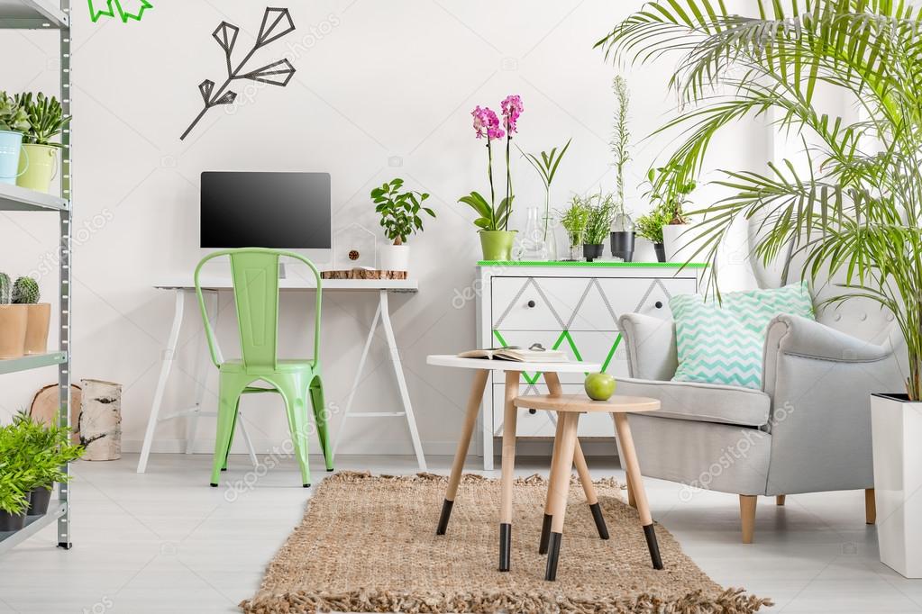 Living room interior with rack with flower pots Stock Photo by ...