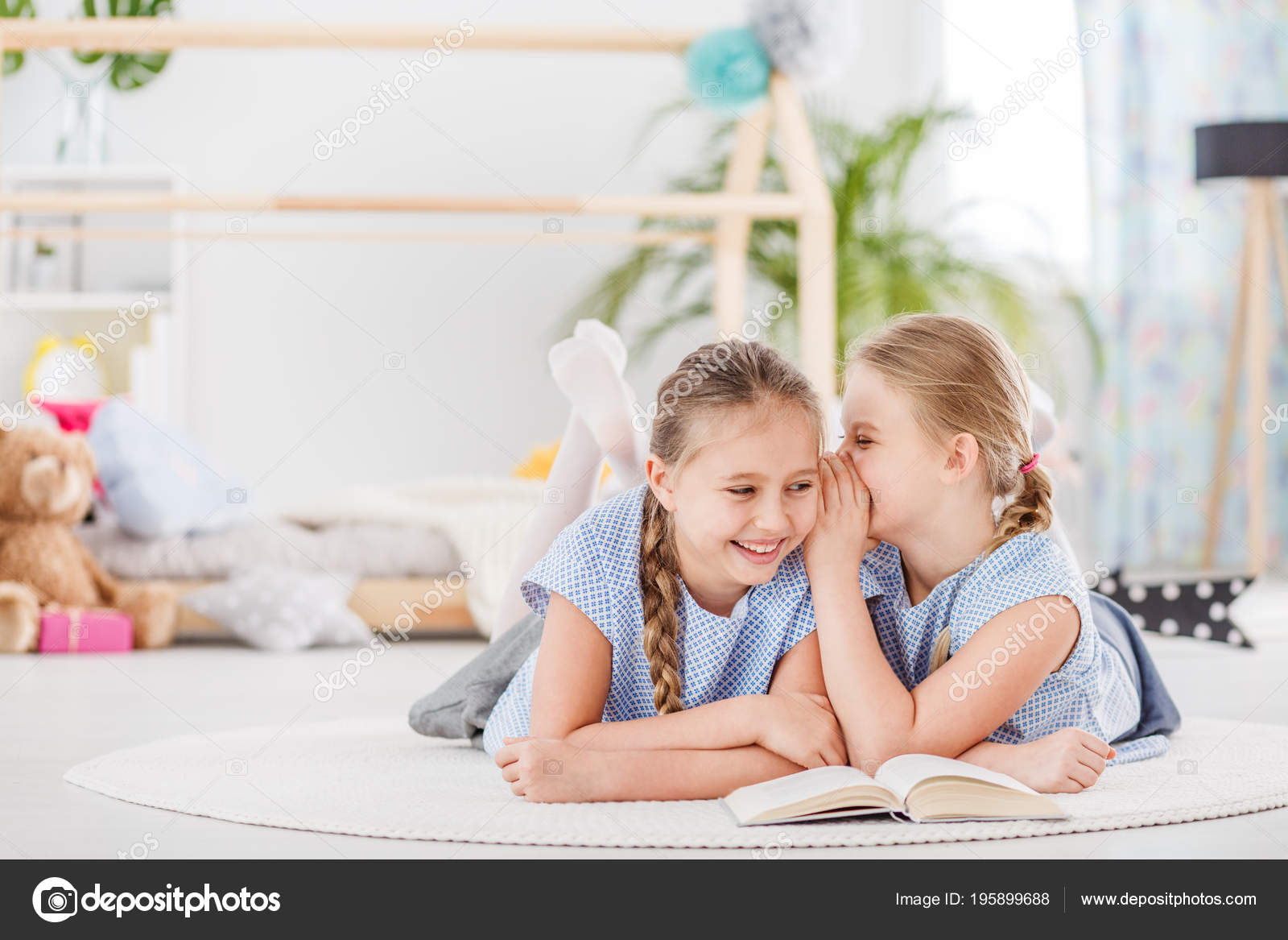 Two Girls Talking Laughing Telling Each Other Secrets White Room ...