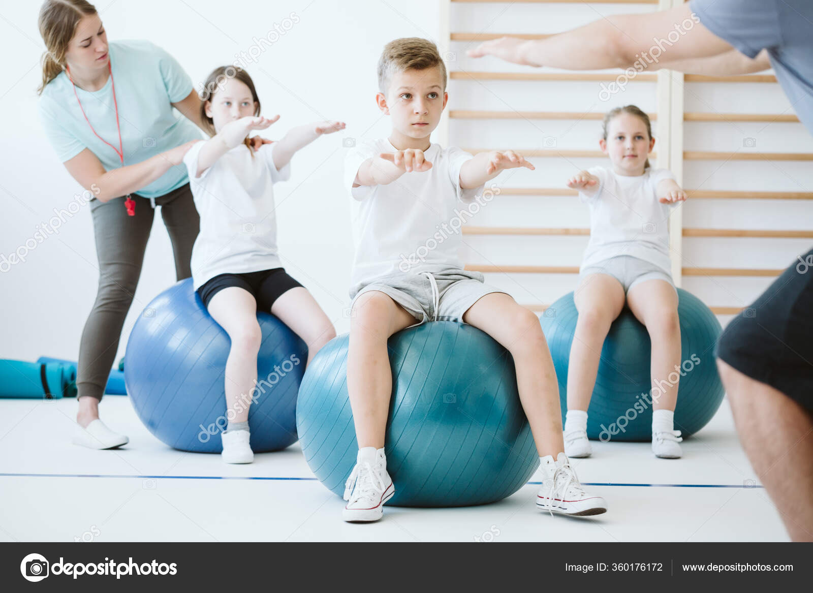 Cute Group Kids Exercising Balls Sport Lesson School — Stock Photo ...