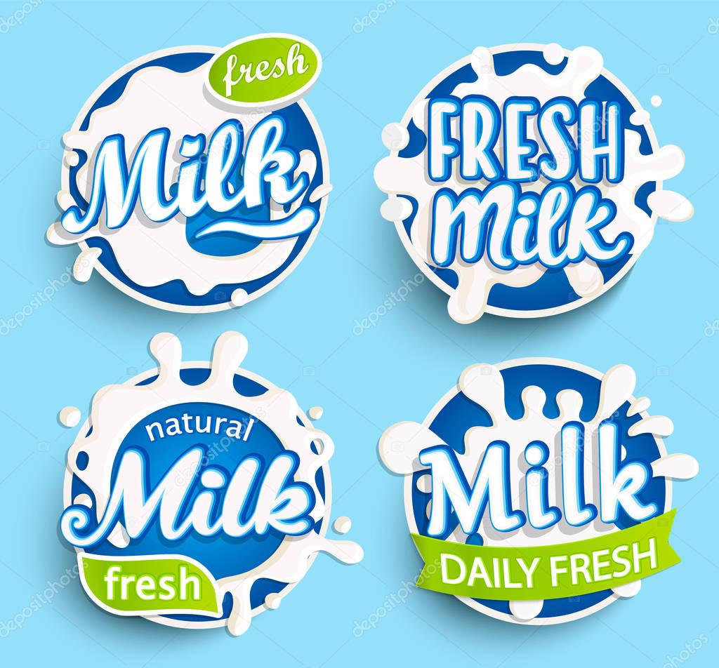 Conjunto de diferentes logotipos de leche fresca, etiquetas ...