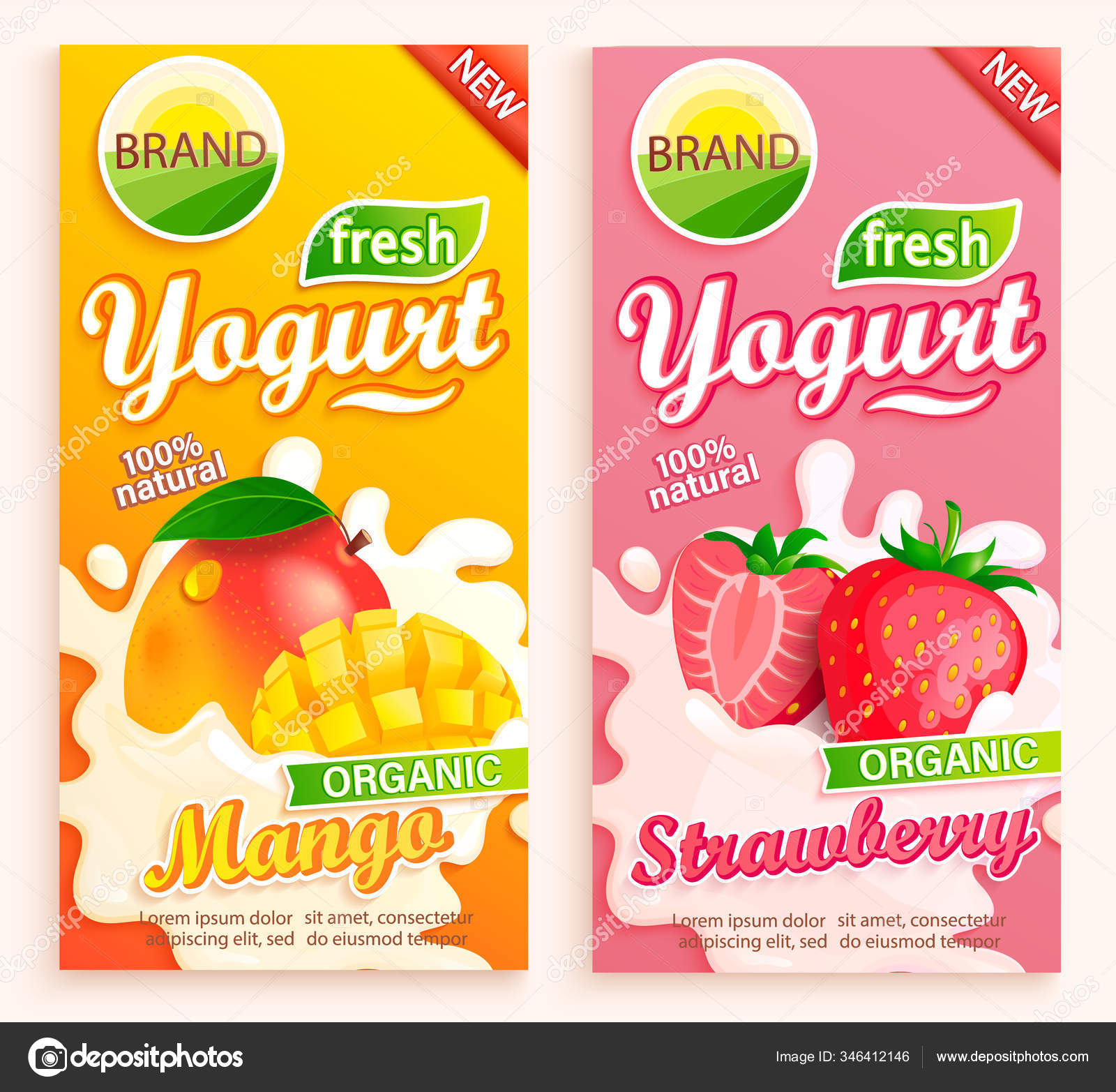 Set Mango Strawberry Yogurt Labels Natural Fresh Fruits Milk Splashes ...