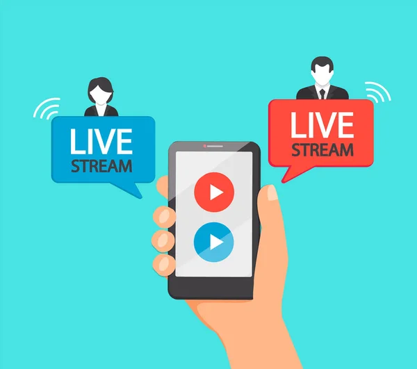 Live stream via mobile phone. Hand with smatphone with online meeting ...