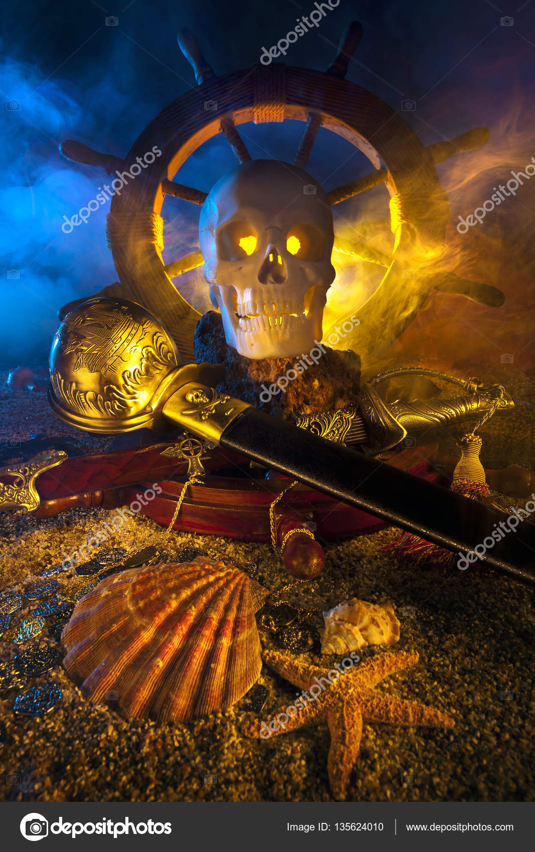 Pirate themed still life with skull and swords — Stock Photo ...