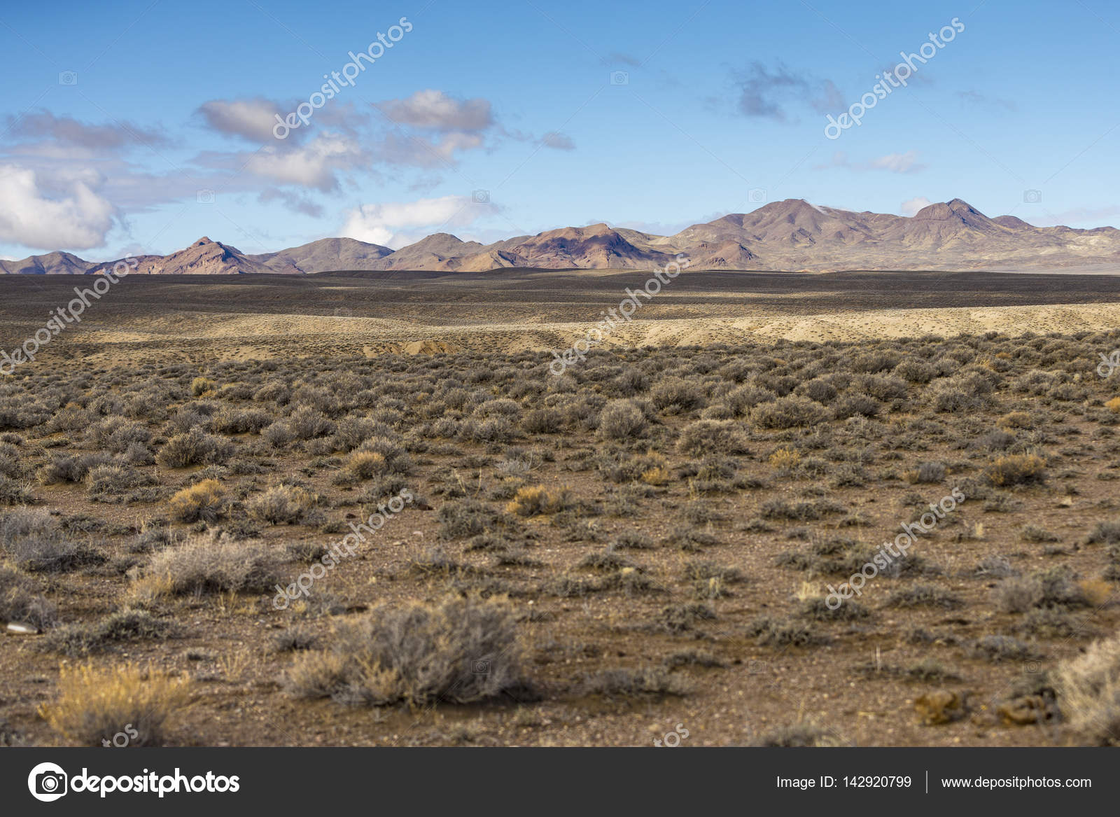 Wide open empty desert landscape in Nevada during winter with blue ...