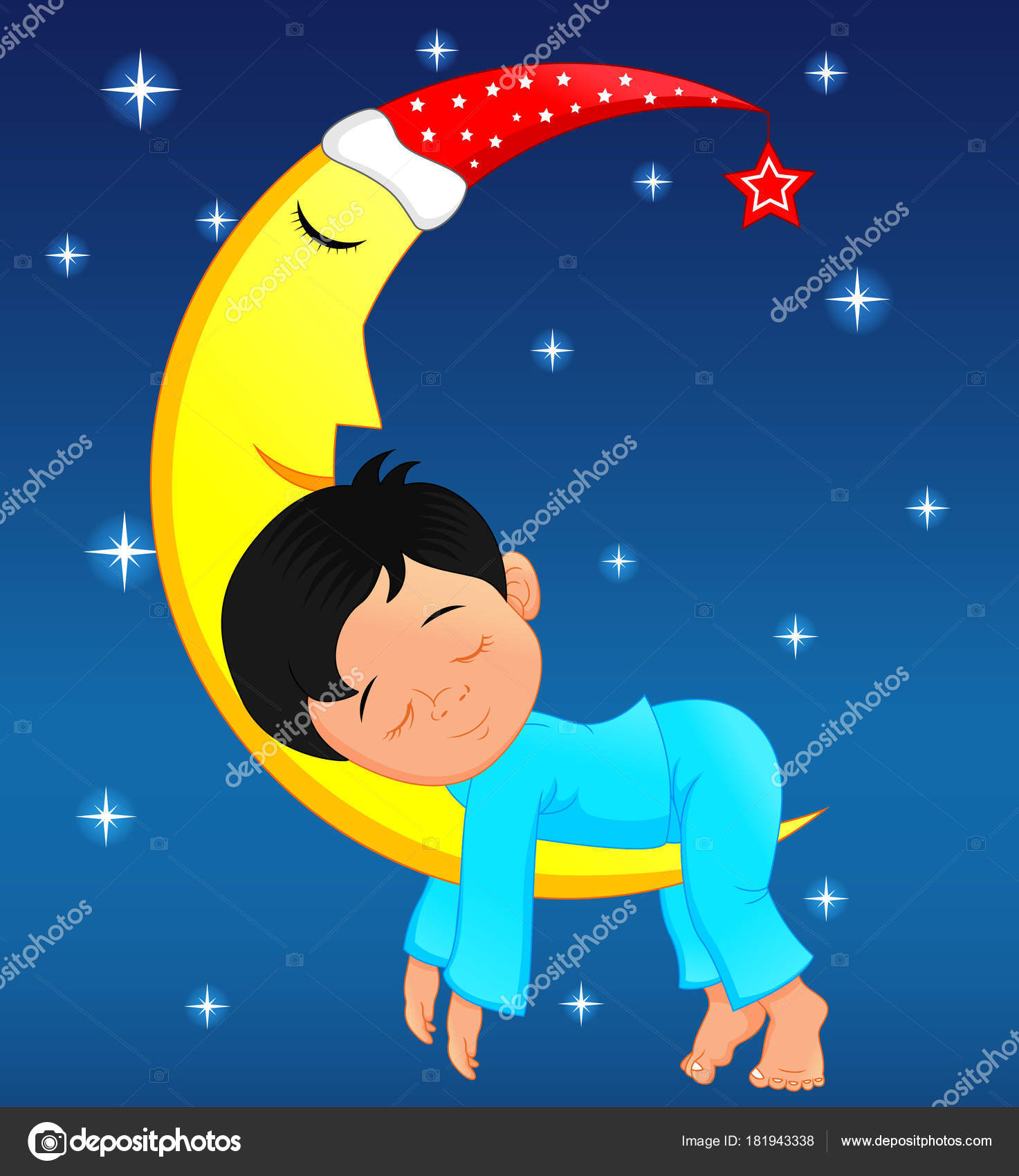 Vector Illustration Cute Little Boy Sleeping Moon Stock Vector by ...