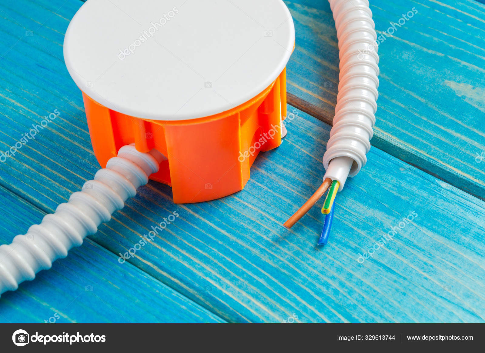 Orange junction box with wire for repairing electrics in house — Stock ...