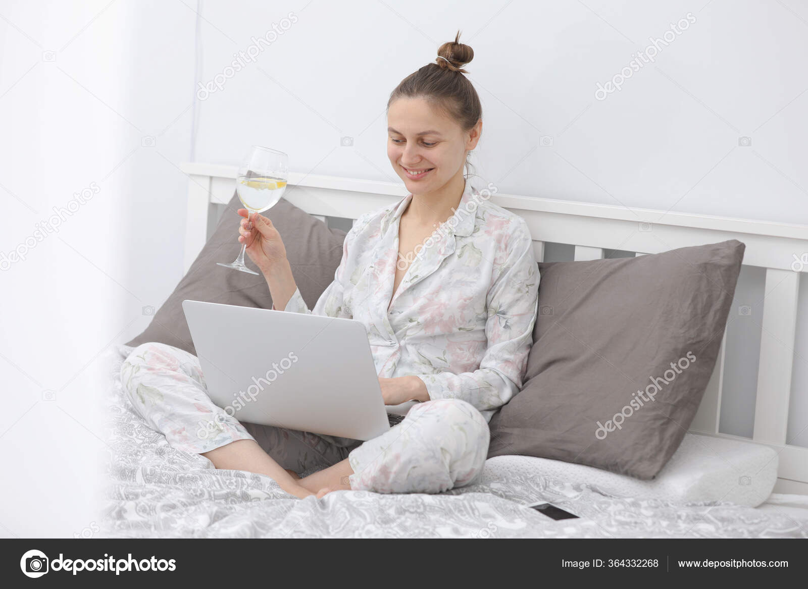 Woman Self Isolation Portrait Young Happy Woman Using Digital Tablet ...