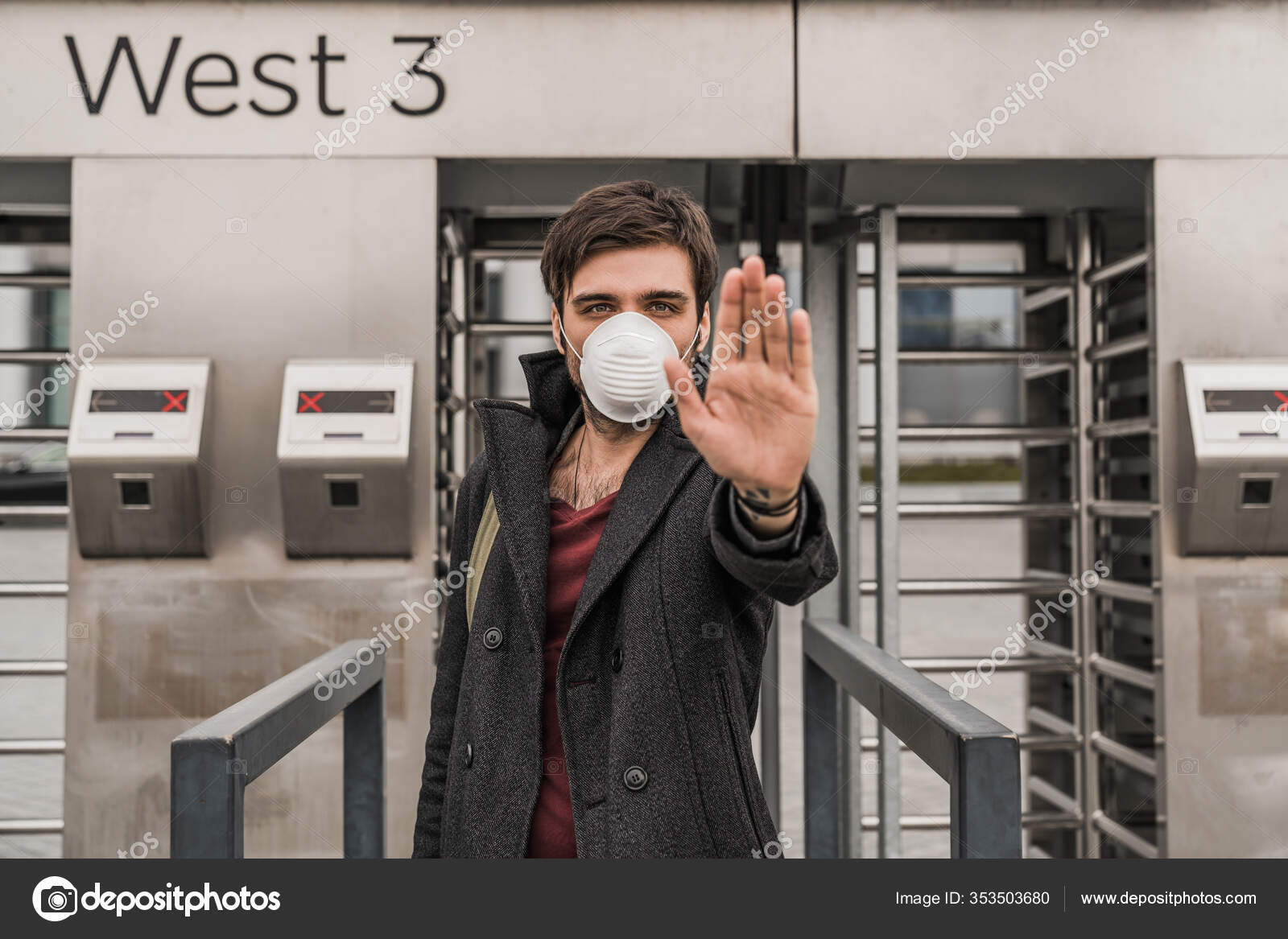 Young Man Protective Mask Gate Open Palm Stop Gesture Stop — Stock ...