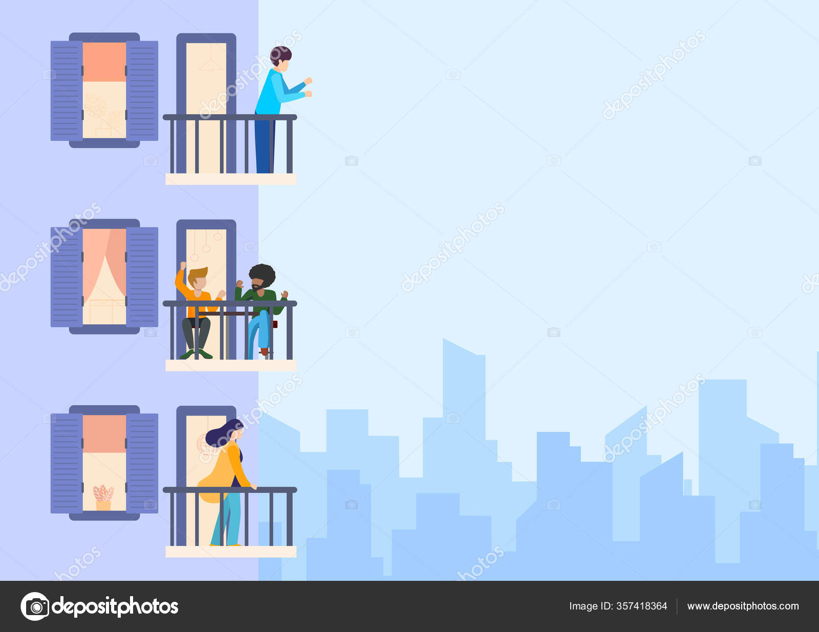 Building with balconies and windows, side view and angle. Characters ...