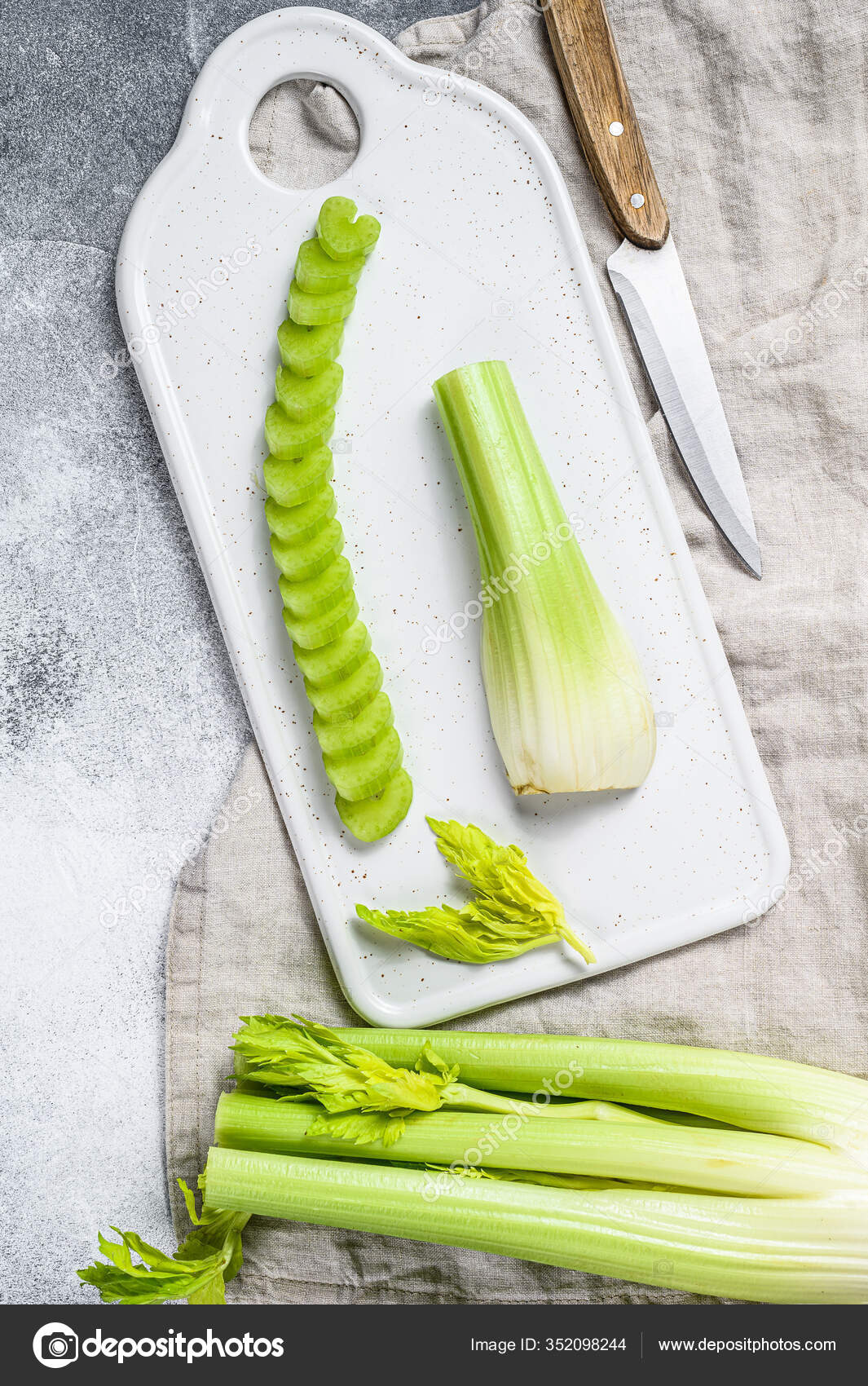 Sliced Fresh Celery Stalk Cutting White Board Gray Background Top Stock ...
