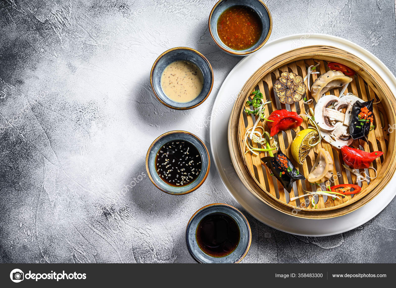 Assorted Dim Sum Appetizers Bamboo Steamer Set Chinese Food Gray Stock ...