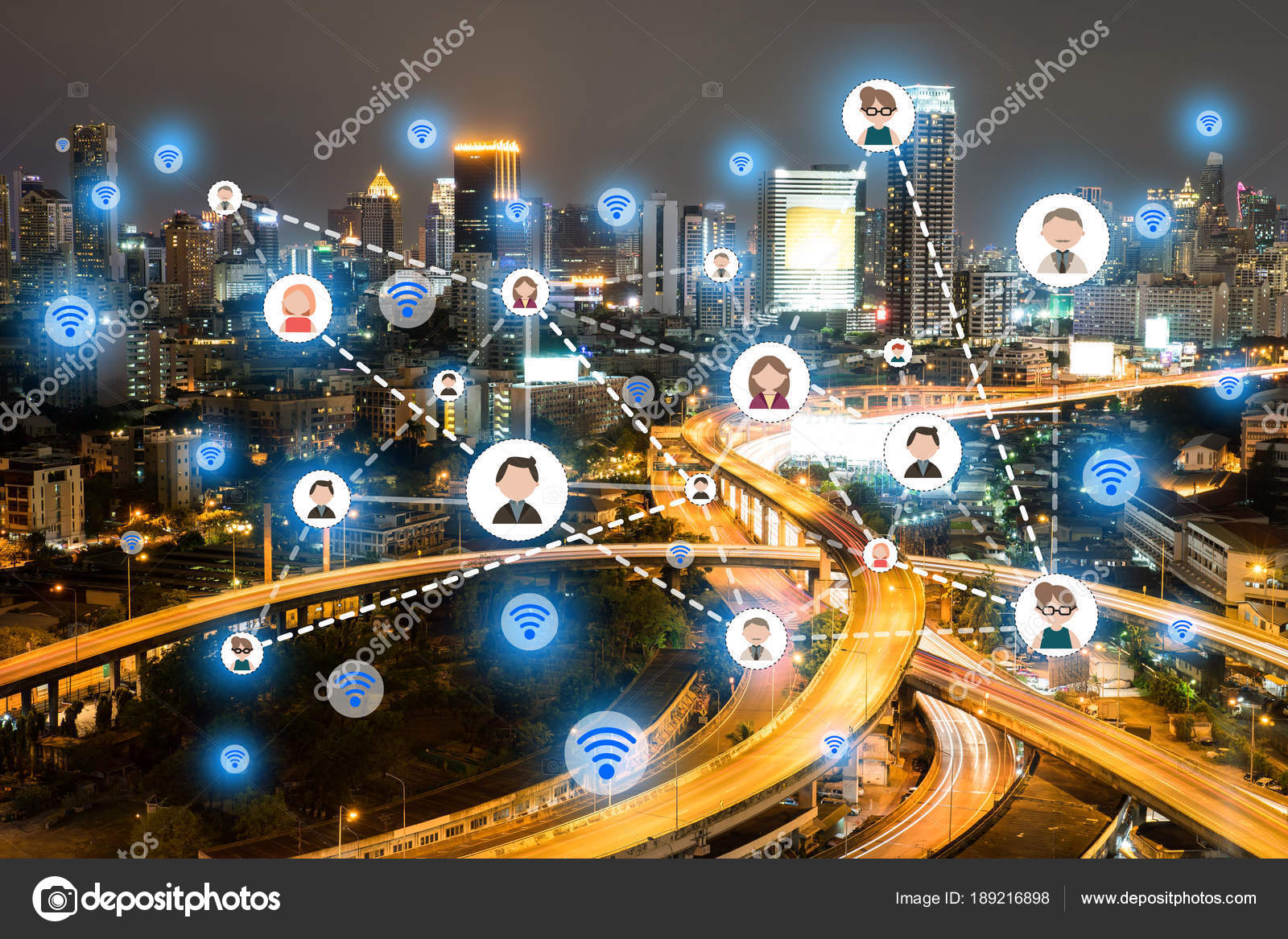 People icons network and communication concept. Double exposure Stock ...
