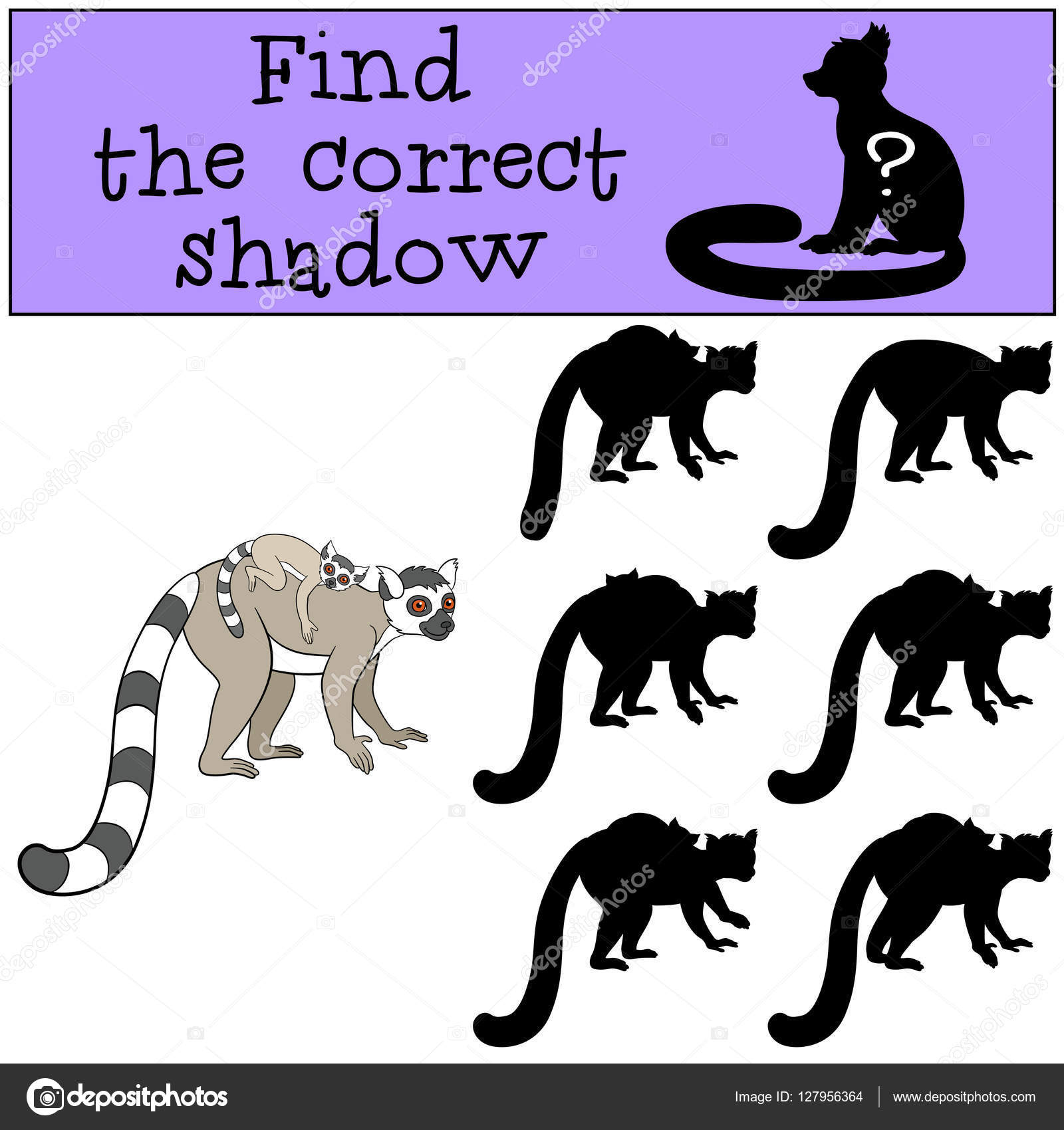 Educational game: Find the correct shadow. Mother lemur with bab Stock ...