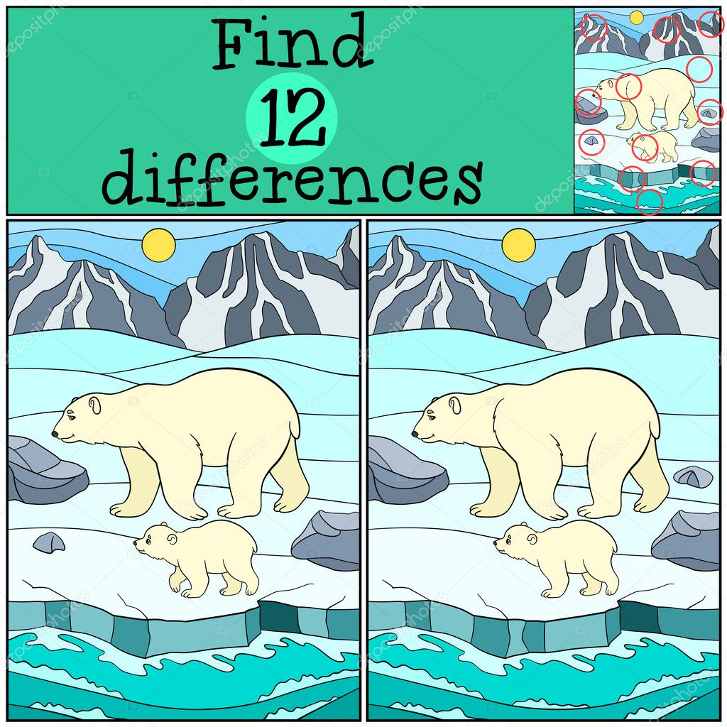 Educational game: Find differences. Mother polar bear with baby. Stock ...