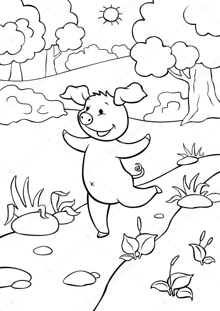 Boyama putları. Sevimli küçük mutlu domuz yol boyunca koşar ve gülümser ...