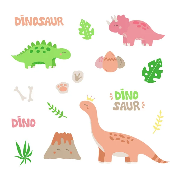 Juego de ilustraci n vectorial de dinosaurios prehist ricos. Dinosaurios dibujados a mano, volc ...