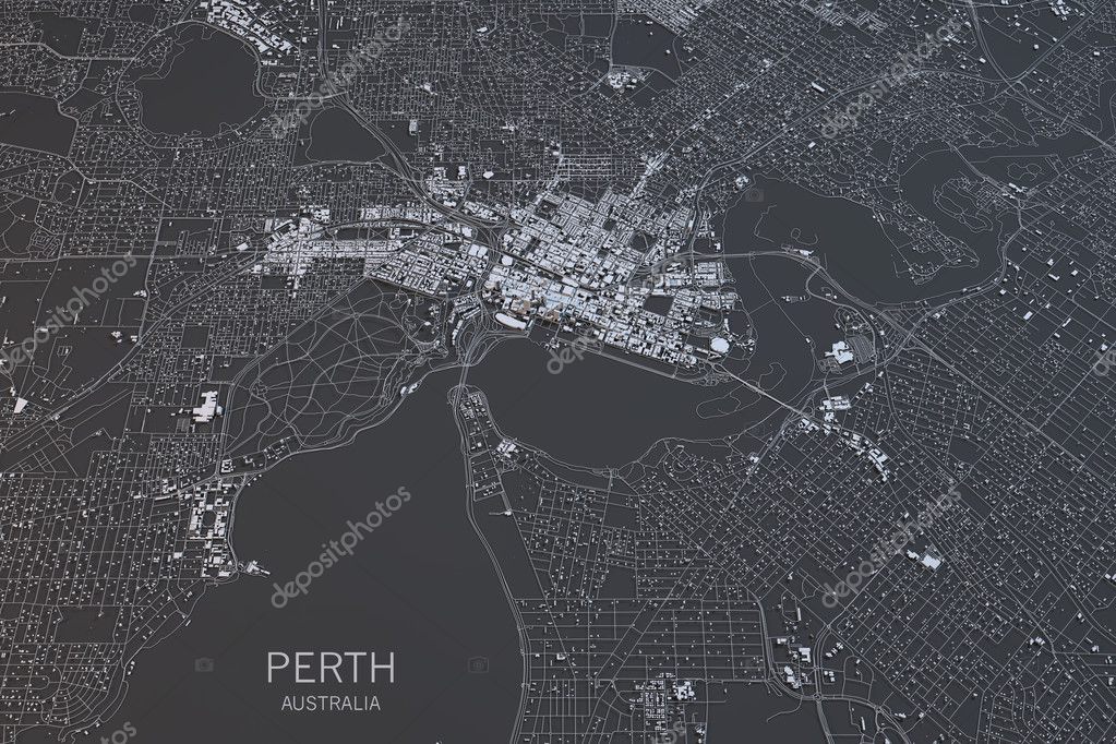 Perth mapa, vista por satélite, ciudad, Australia. renderizado 3d 2023