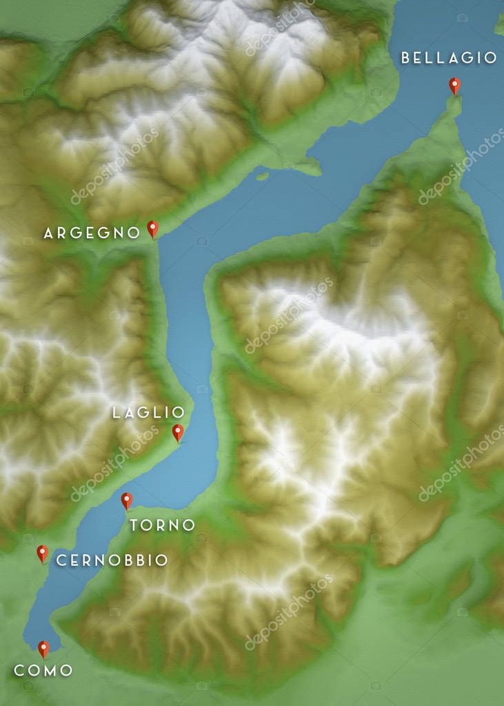 Como, mapa del Lago de Como, mapa dibujado con relieves y monta as ...