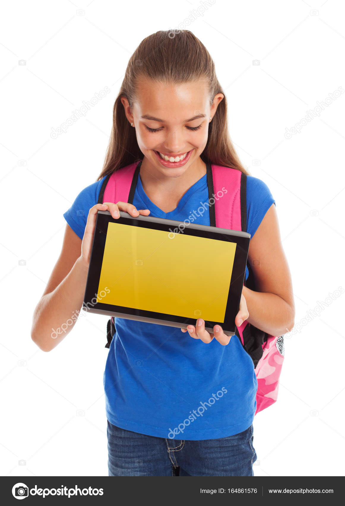 School: Cute Student Holding Blank Digital Tablet Stock Photo by ...