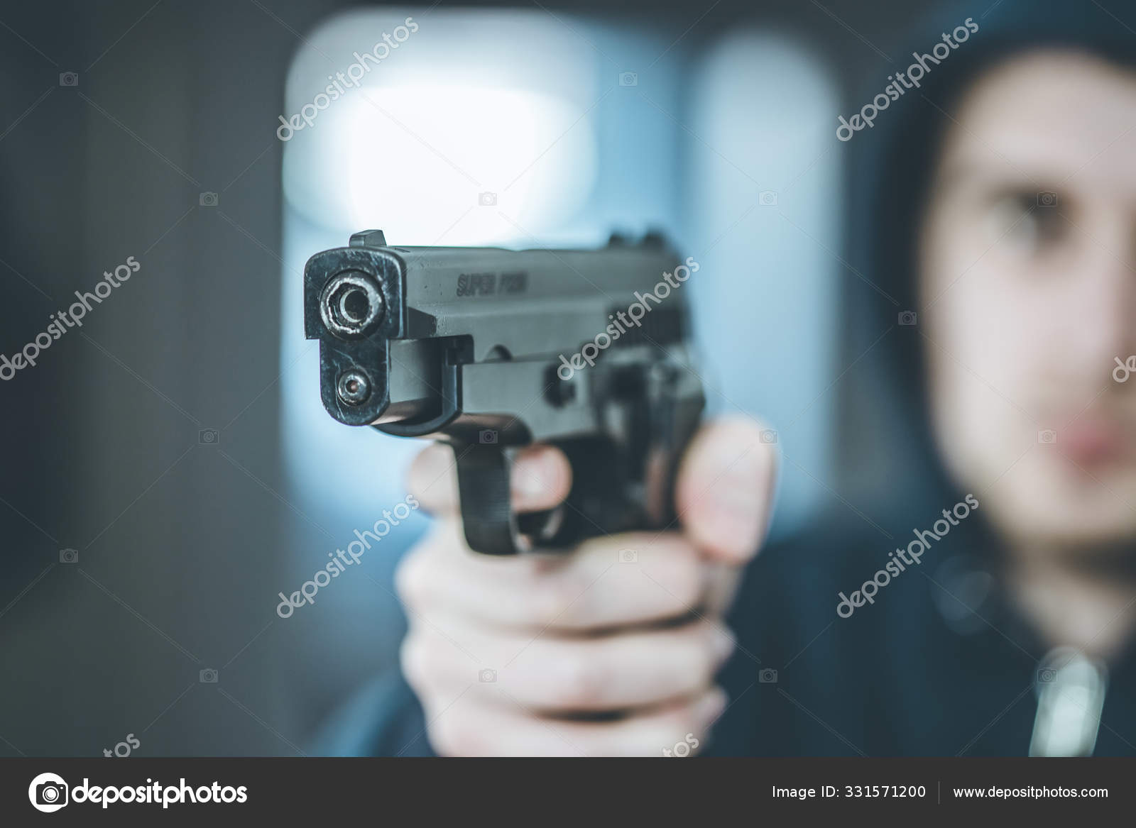 Robber Criminal Aiming Black Gun Blurry Face — Stock Photo © patrick ...