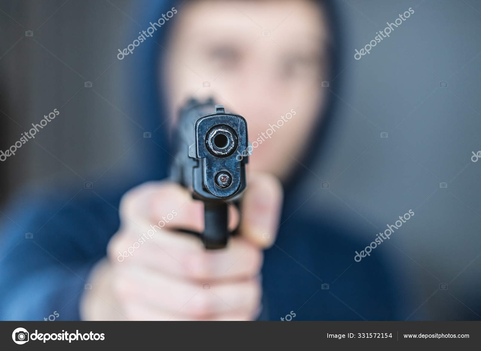 Robber Criminal Aiming Black Gun Blurry Face — Stock Photo © patrick ...
