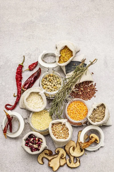 Zero waste food shopping concept. Cereals, pasta, legumes, dried ...