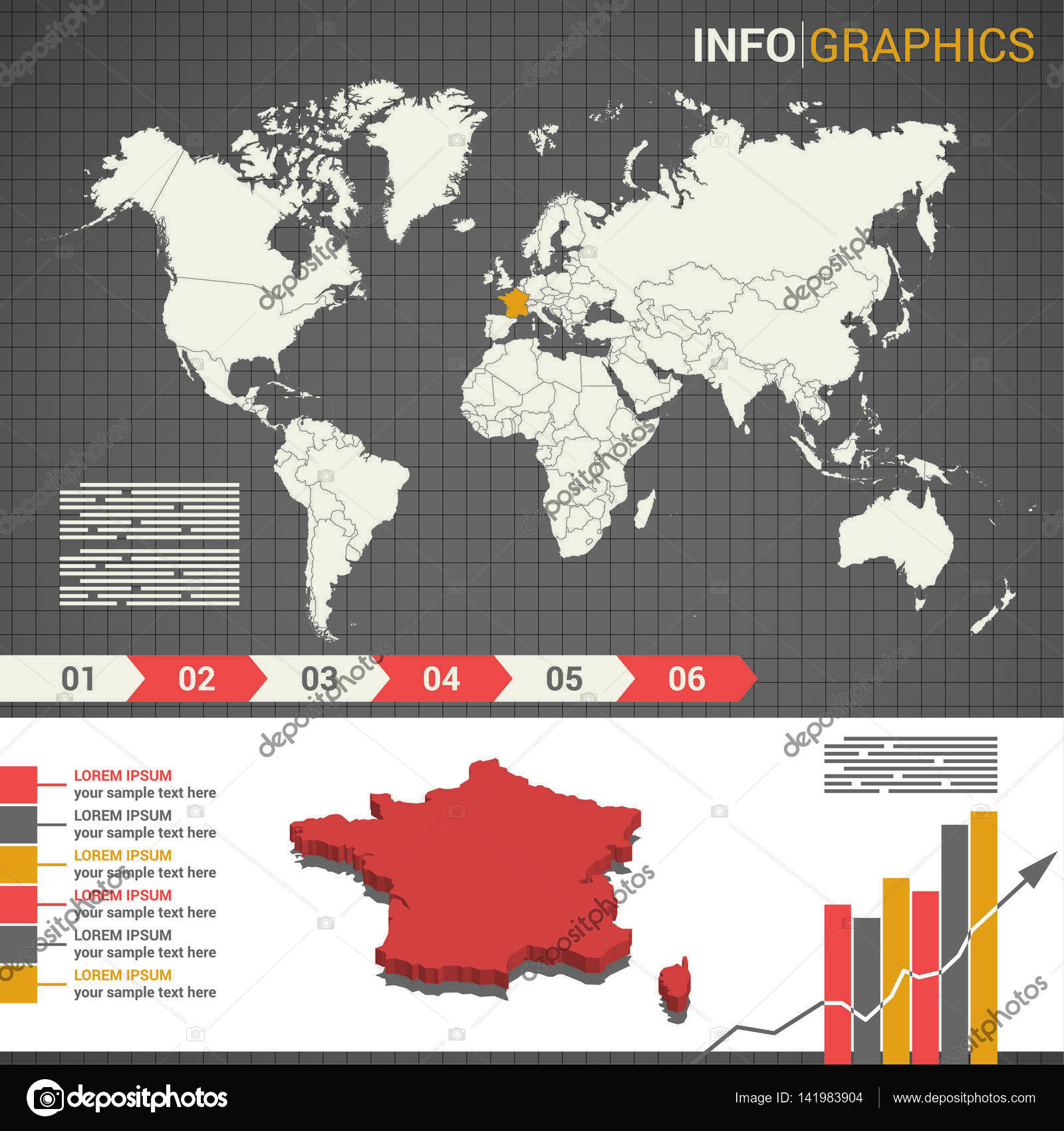 Världen karta och infographic element med 3d karta över Frankrike — stockvektor av ©hunorolah ...