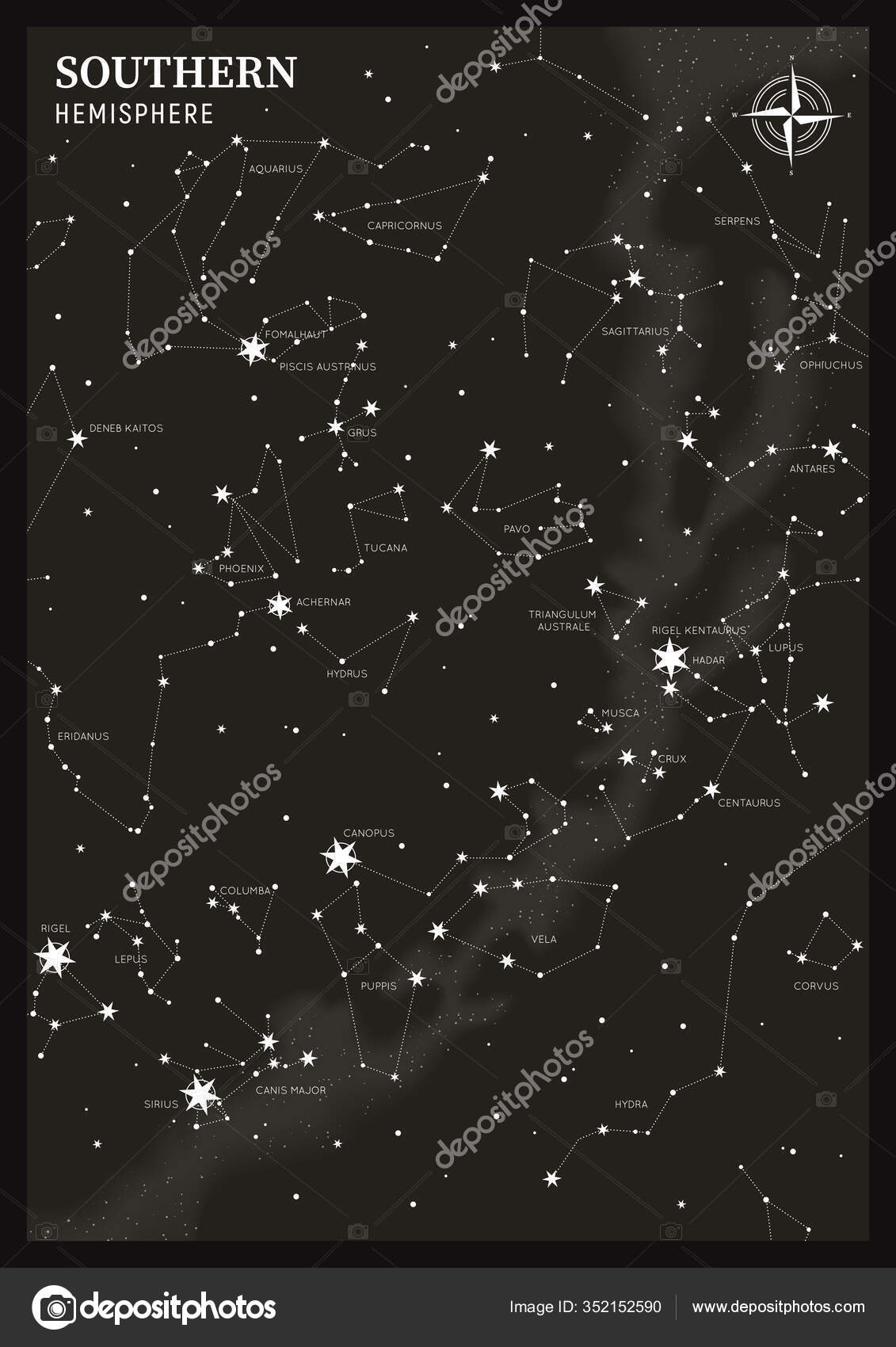 Southern hemisphere. Star map of vector constellations. Stock Vector ...