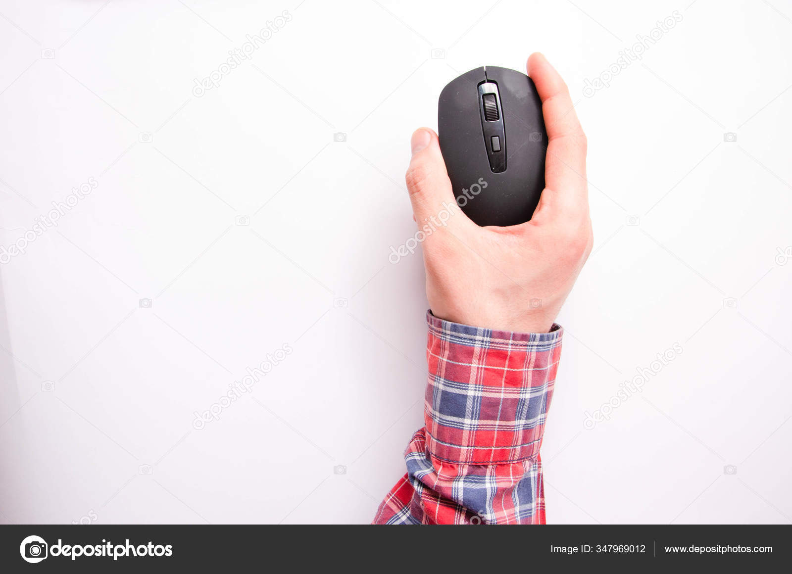 Wireless Bluetooth Black Mouse Male Hand White Background Hand Sideways ...