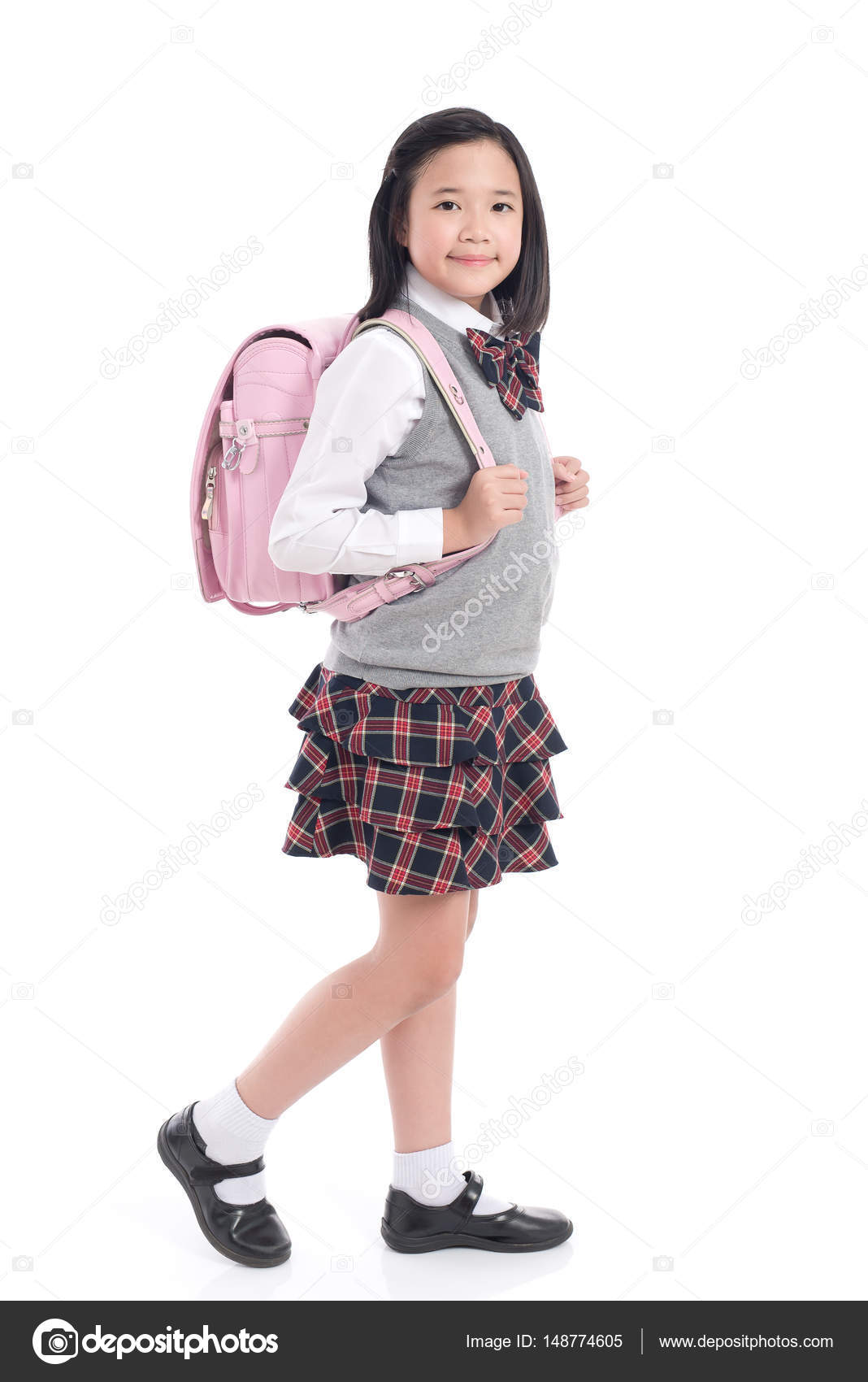 Asian child in school uniform with pink school bag on ⬇ Stock Photo ...