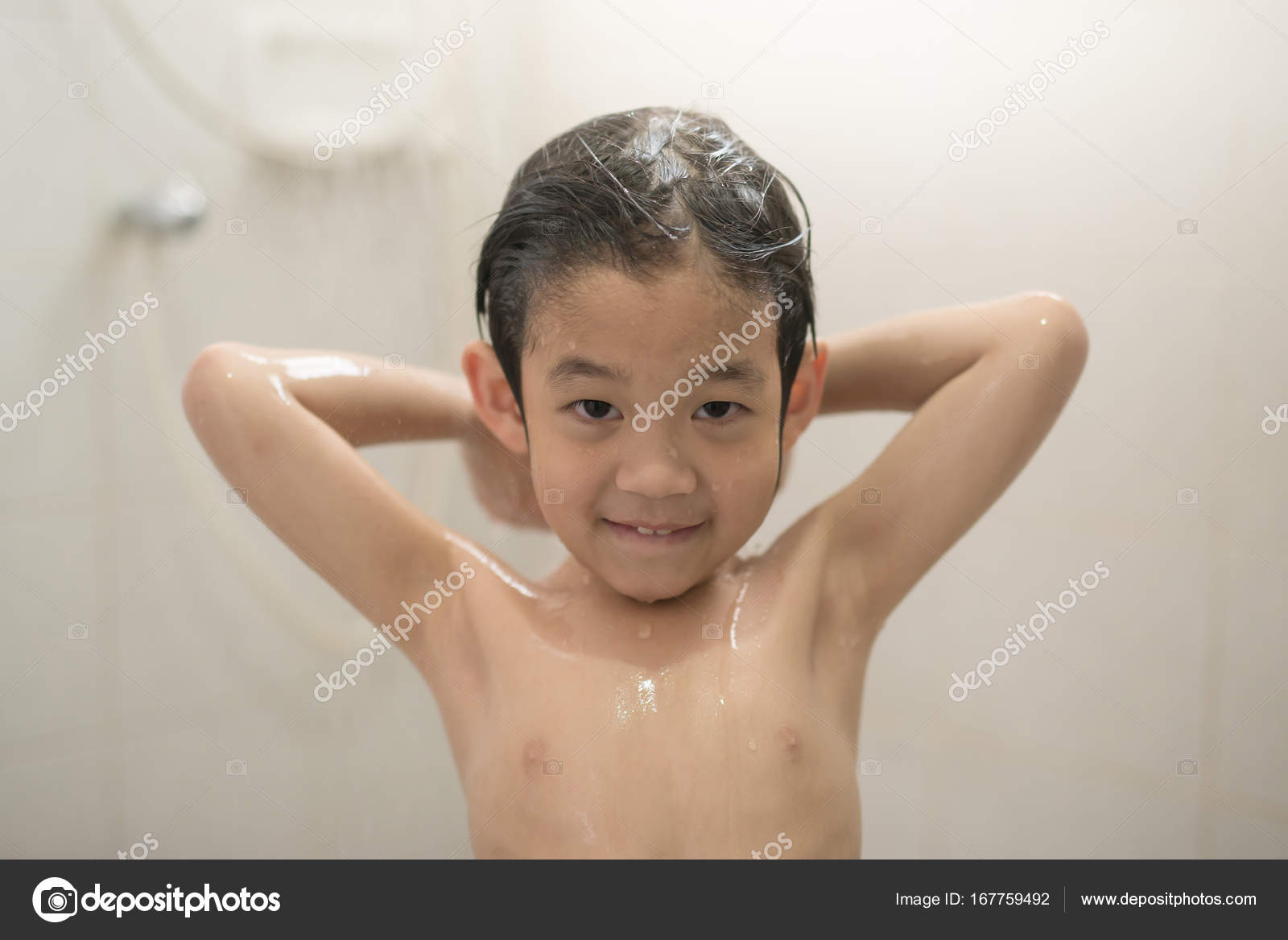 Cute Asian Child Taking Bath Bathroom Stock Photo by ©lufimorgan 167759492